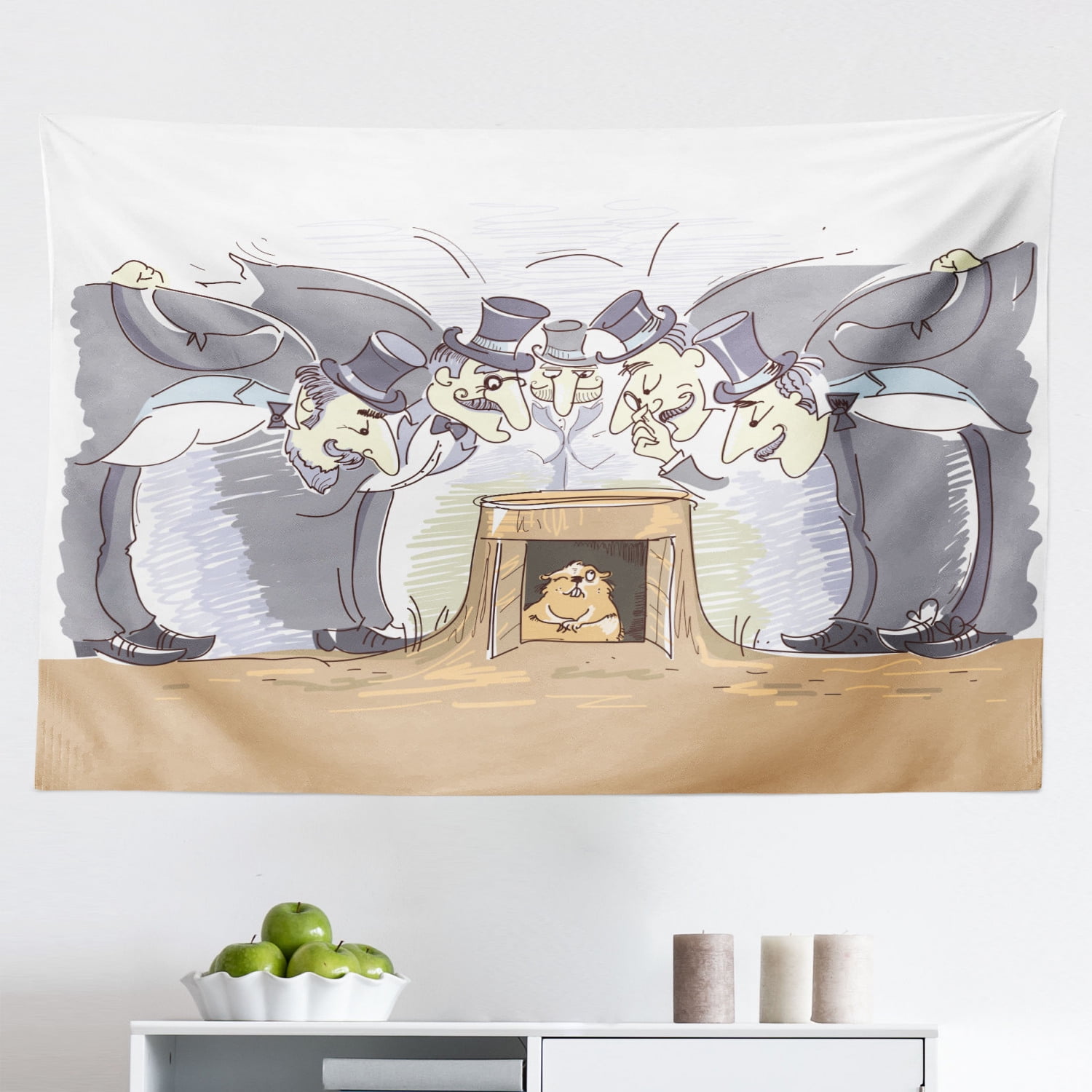 Groundhog Day Collection Tapestry, Happy Marmot Simple Doodle Style and ...