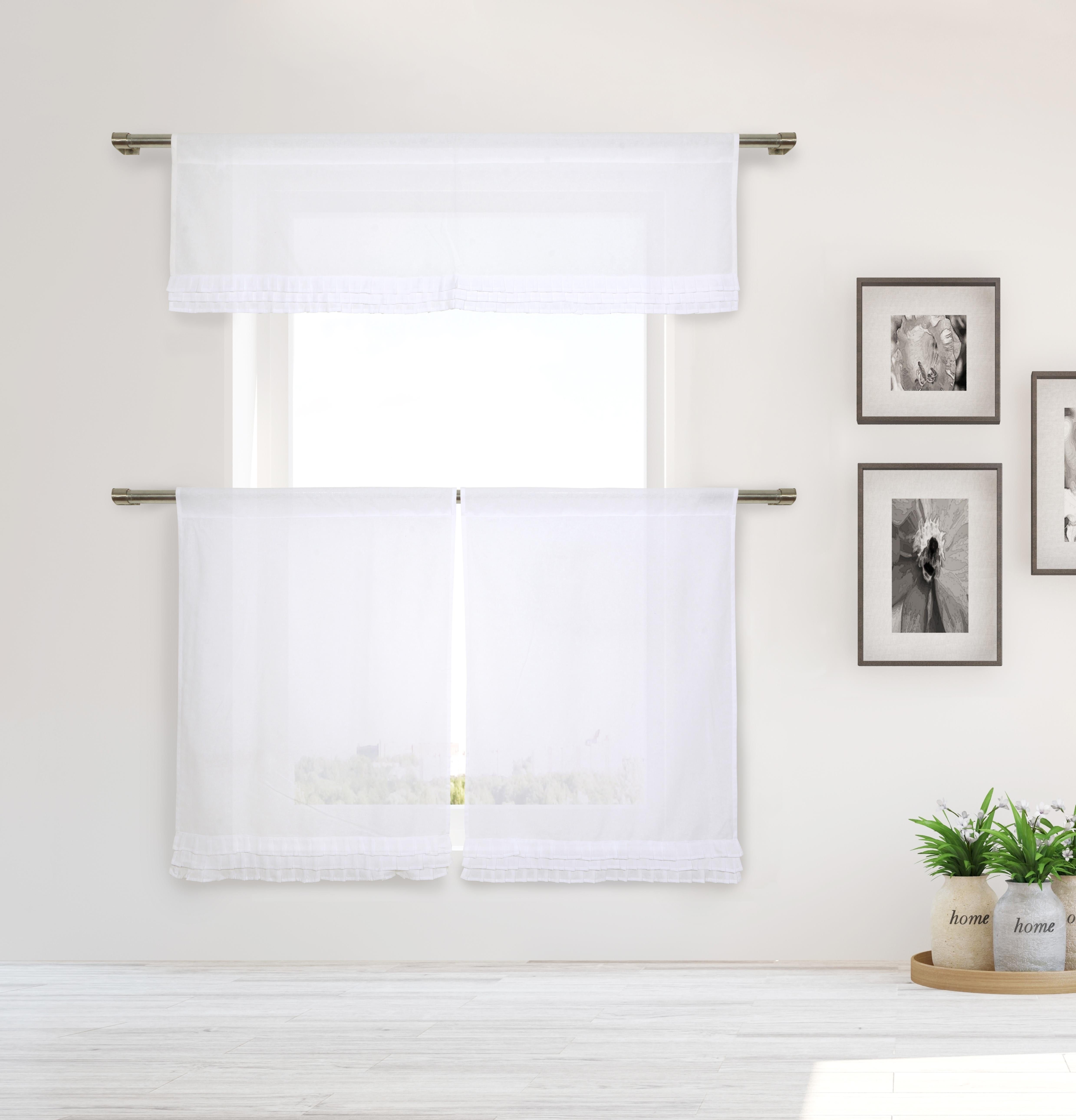 Shabby Chic White 3 Piece Window Curtain Set with White Pleated Ruffles ...