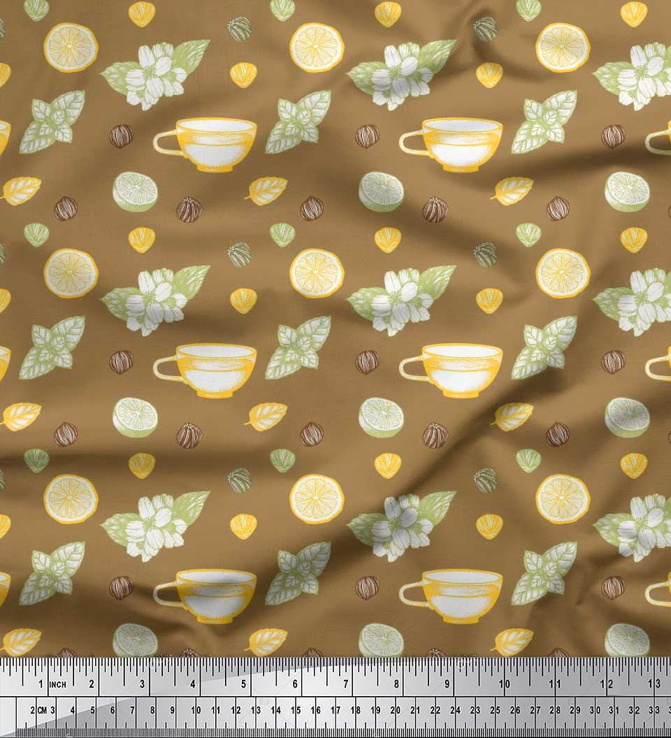 Soimoi Brown Velvet Fabric Floral,Tea Cup & Lemon Slice Vegetable Print ...