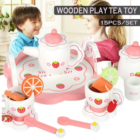 Wooden Kids Tea Set Role Play Kitchen Toys Pretend Teapot Cup Bags Mugs ...