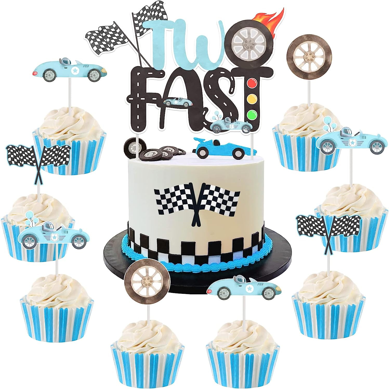 25Pcs Two Fast Cake Decorations for Boys 2nd Birthday, Race Car Two ...