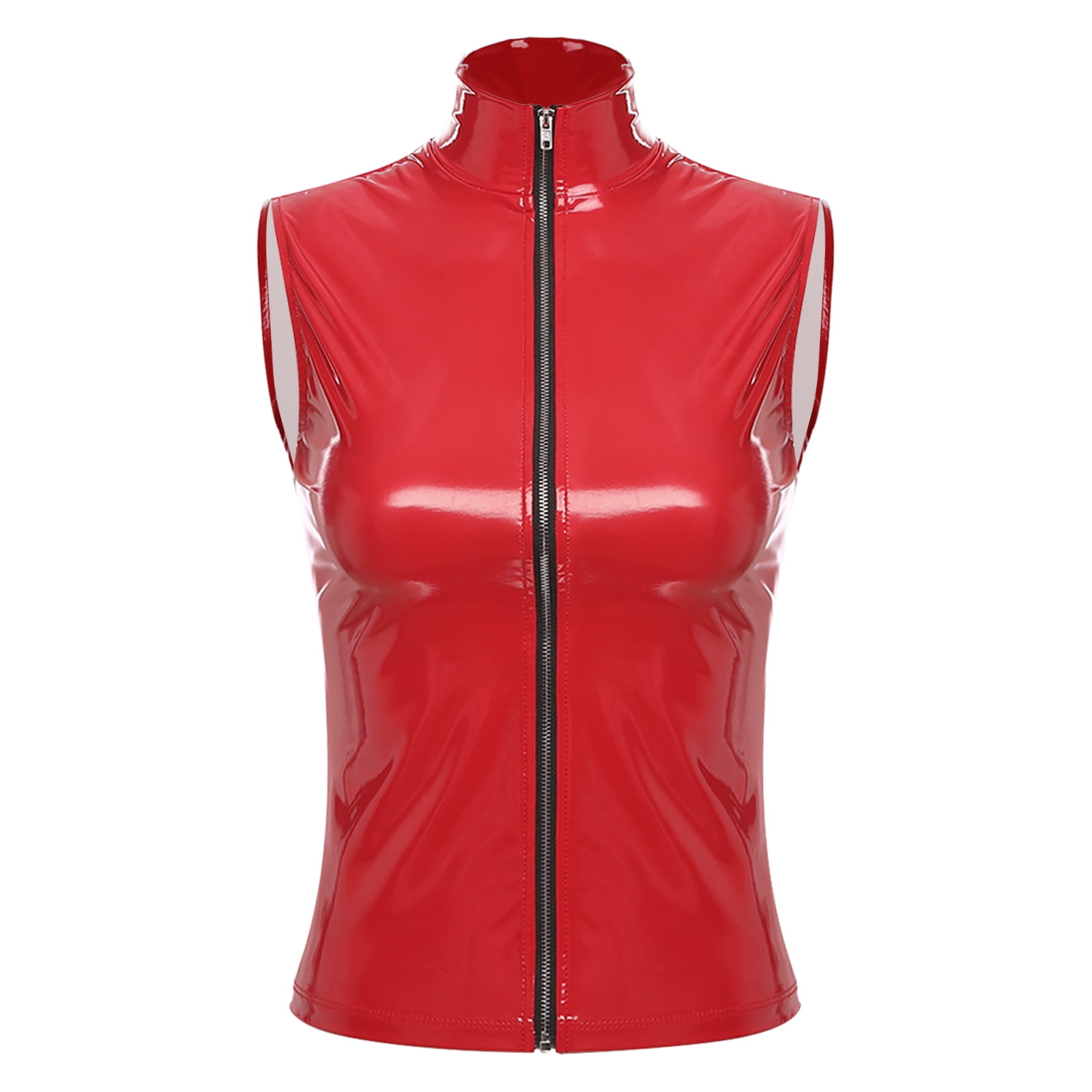 Click here for Oyolan Womens Red Leather Top High Neck Front Zipp... prices