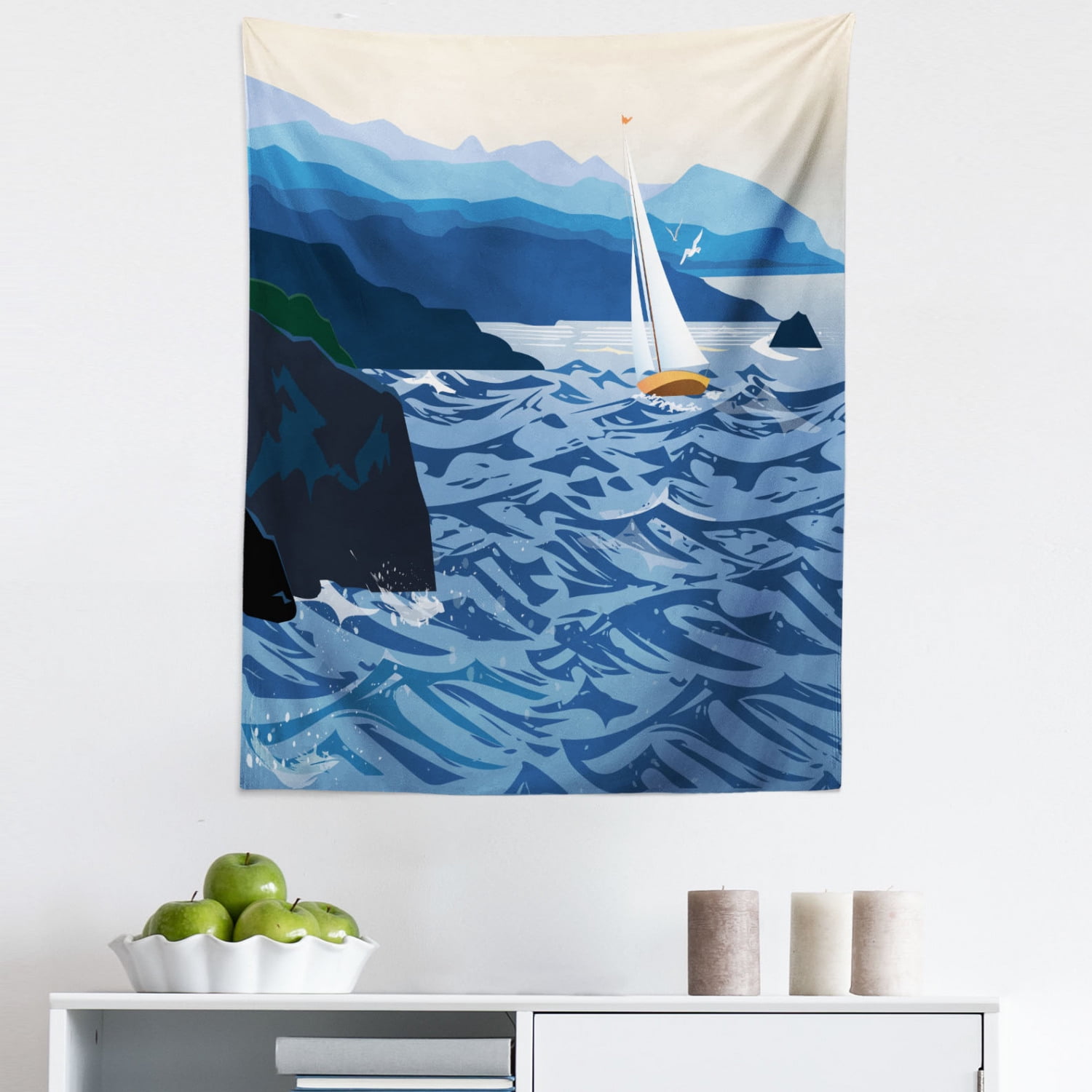 Adventure Tapestry, Print of a Seascape Themed Sailing Boat Floating on ...