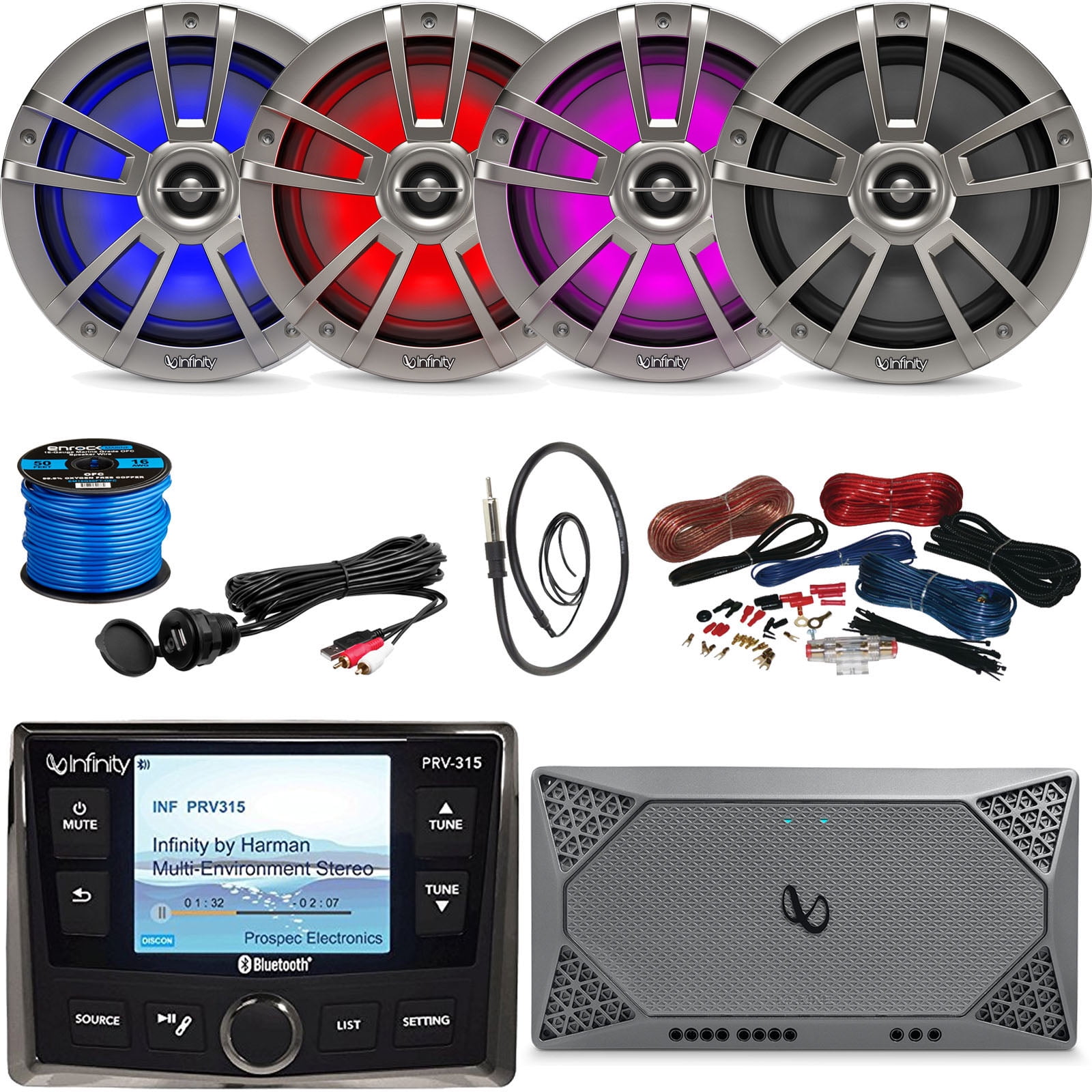 Infinity PRV-315 AM/FM USB Bluetooth Waterproof Receiver, 4x 8" Coaxial ...