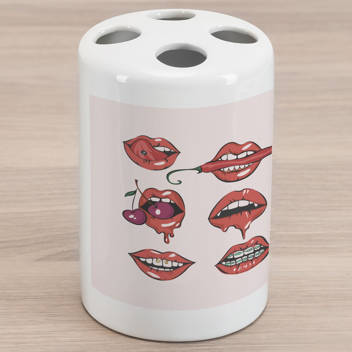 Lips Ceramic Toothbrush Holder, Closeup Fleshy Lips Biting Strawberry ...