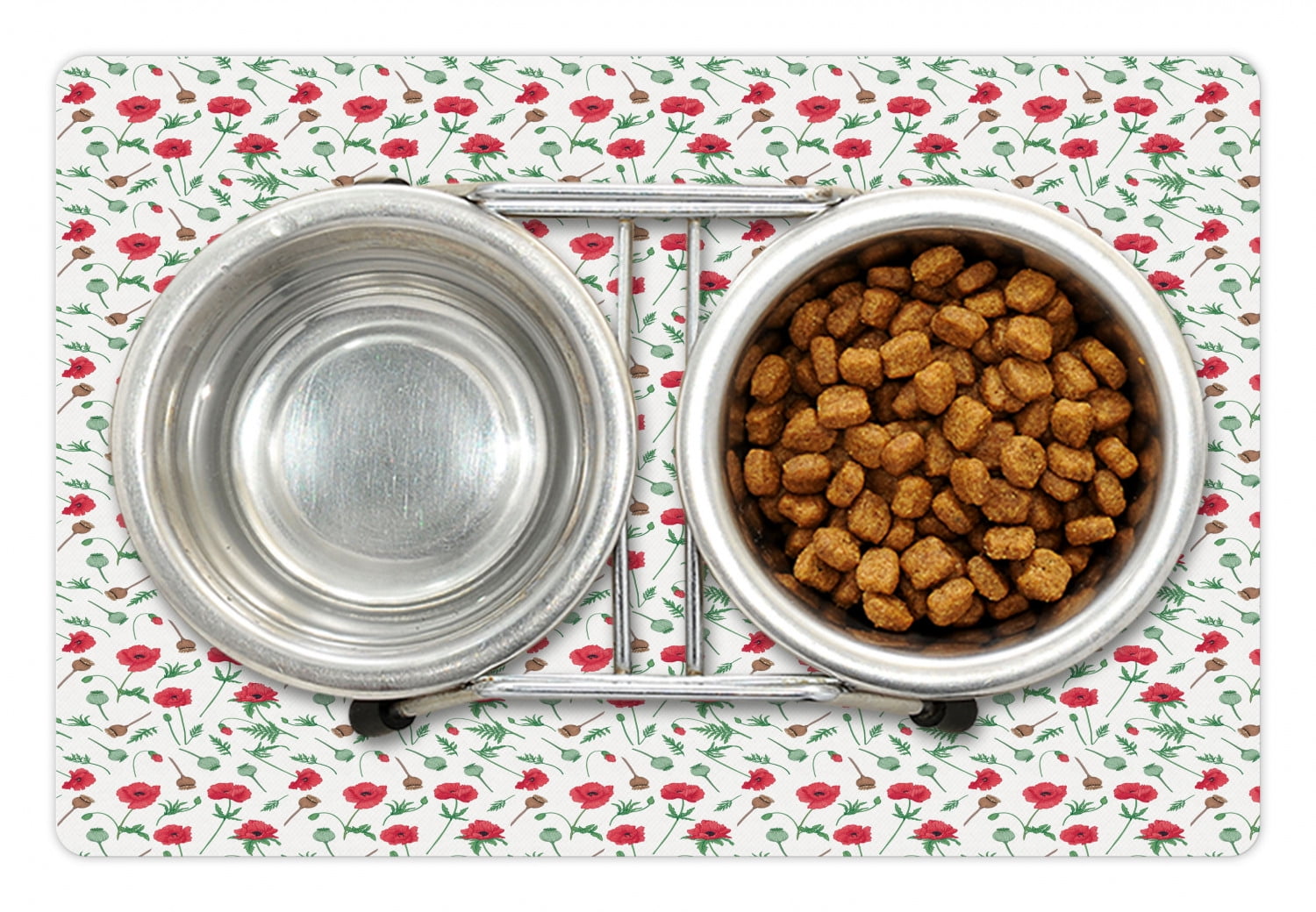 Poppy Pet Mat for Food and Water, Flower Bloom Pattern with Forestry ...
