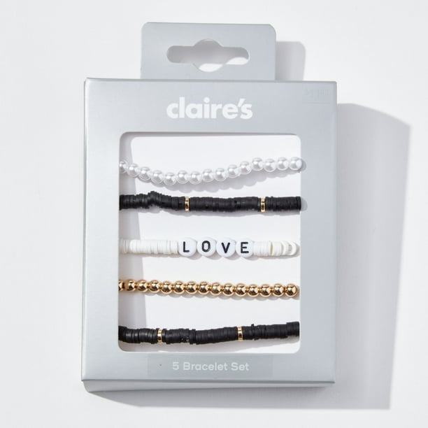 Claire's Jewelry Set White, Black, Gold Beaded 5 Piece Bracelet Set ...
