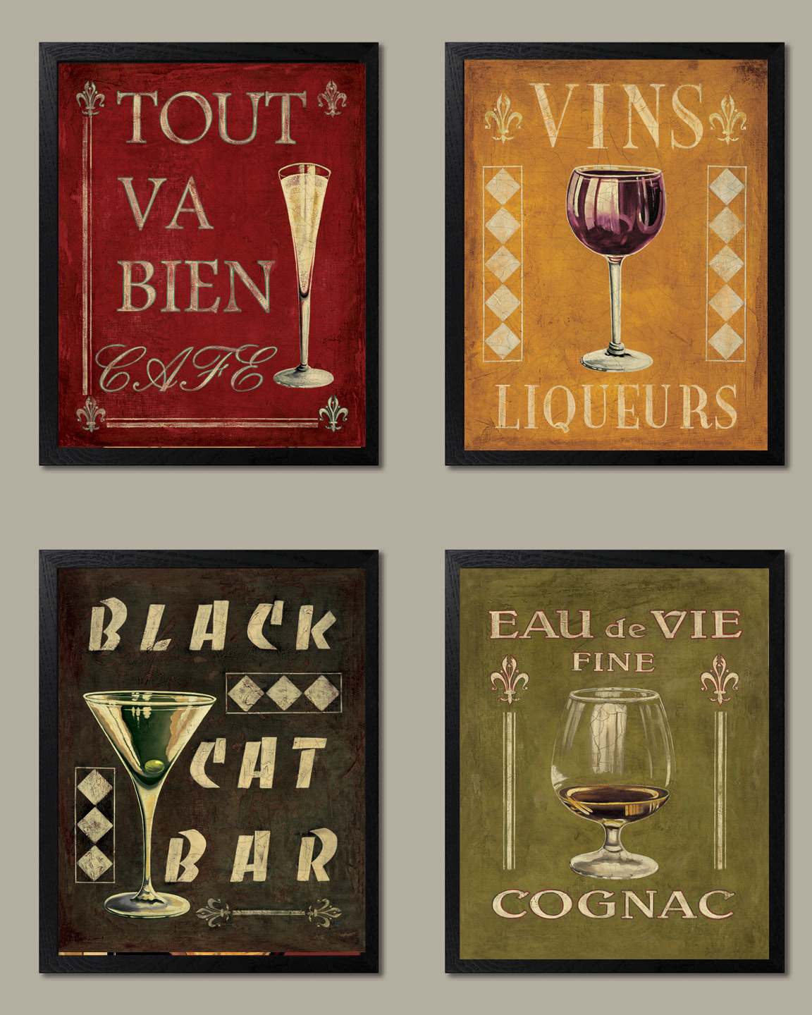 Classic French Cognac, Black Cat Bar, Tout Va Bien, Vins Antique Set ...