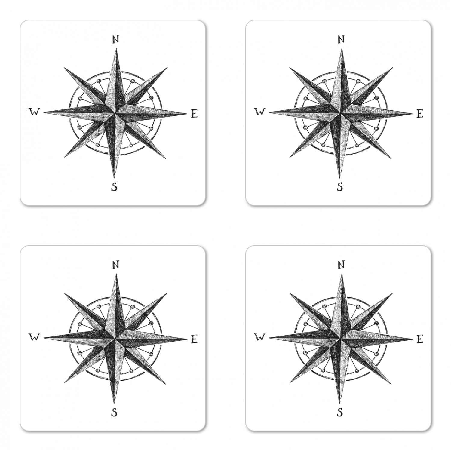 Compass Coaster Set of 4, Seamanship Hand Drawn Windrose Complete ...