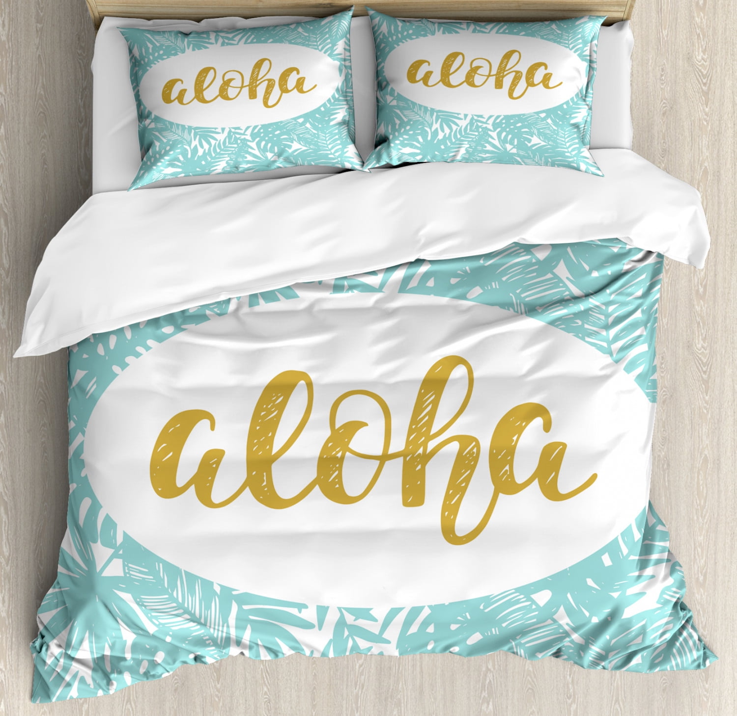 Aloha Duvet Cover Set King Size, Wording with Palm Tree Leaves Hawaiian ...