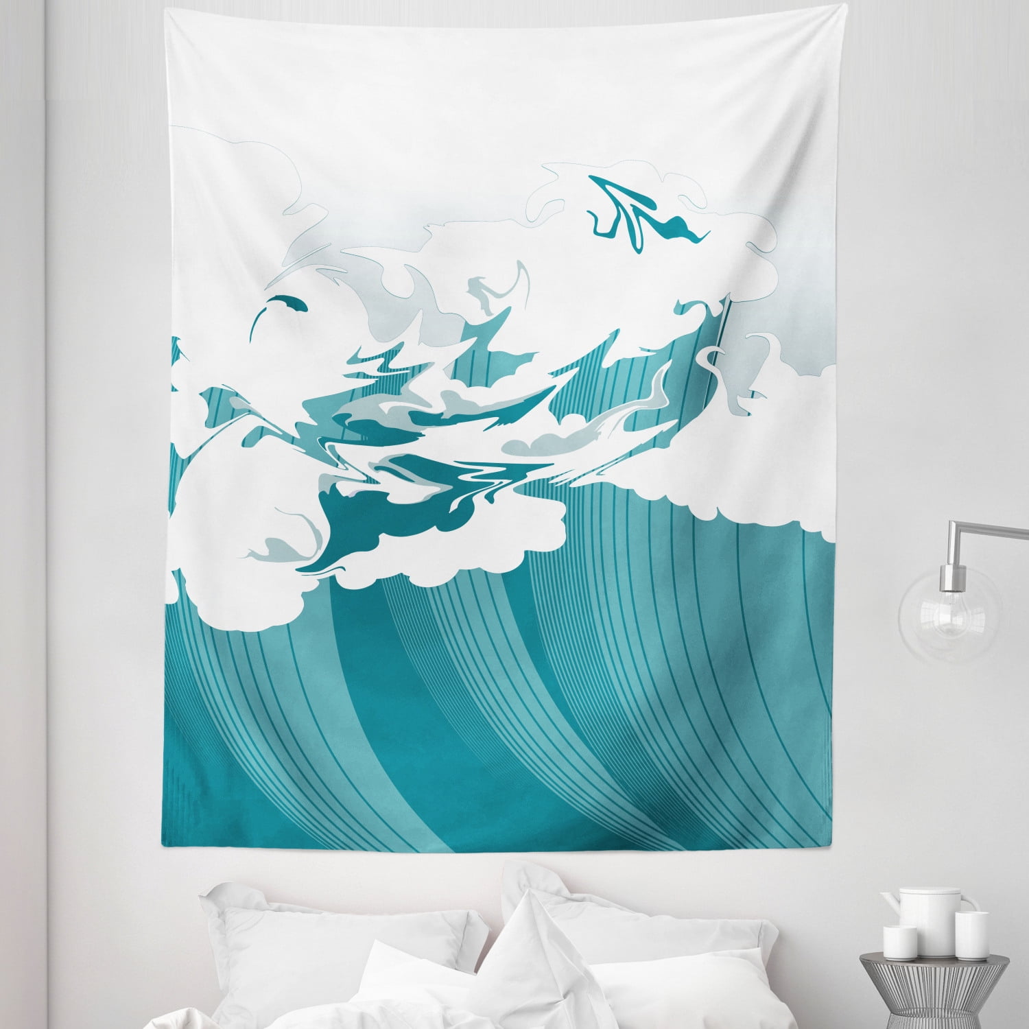 Japanese Wave Tapestry, East Oriental Watercolor Style Waves Pattern ...