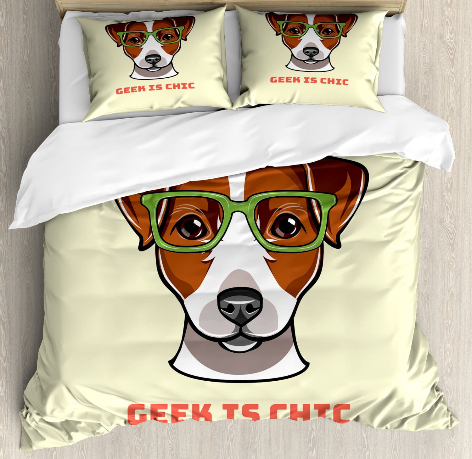 Jack Russell Duvet Cover Set King Size, Dog in Smart Glasses with a ...