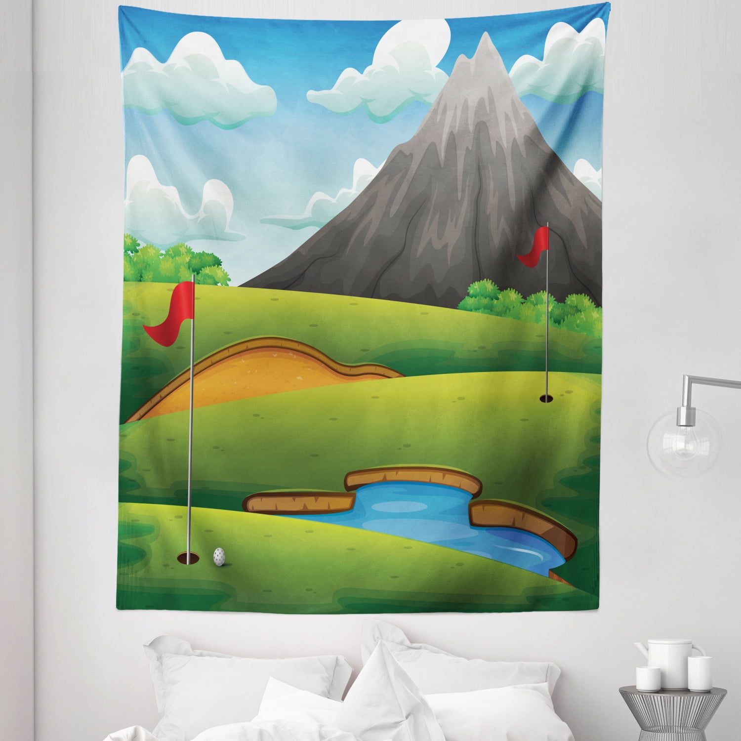 Golf Course Scene Tapestry, Cartoon Graphic of Hills Majestic Mountain ...