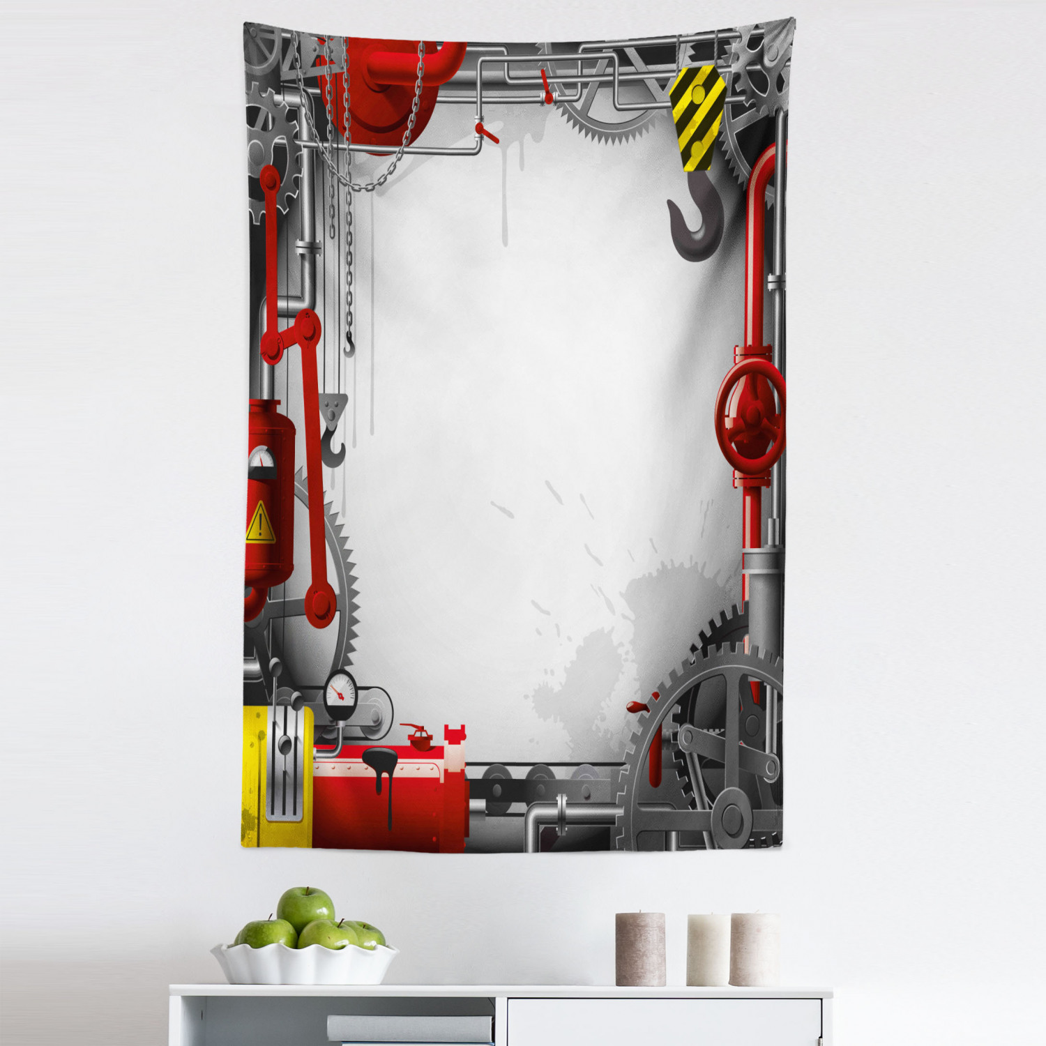 Industrial Tapestry, Engineering Themed Gears Levers and Meters Flue ...