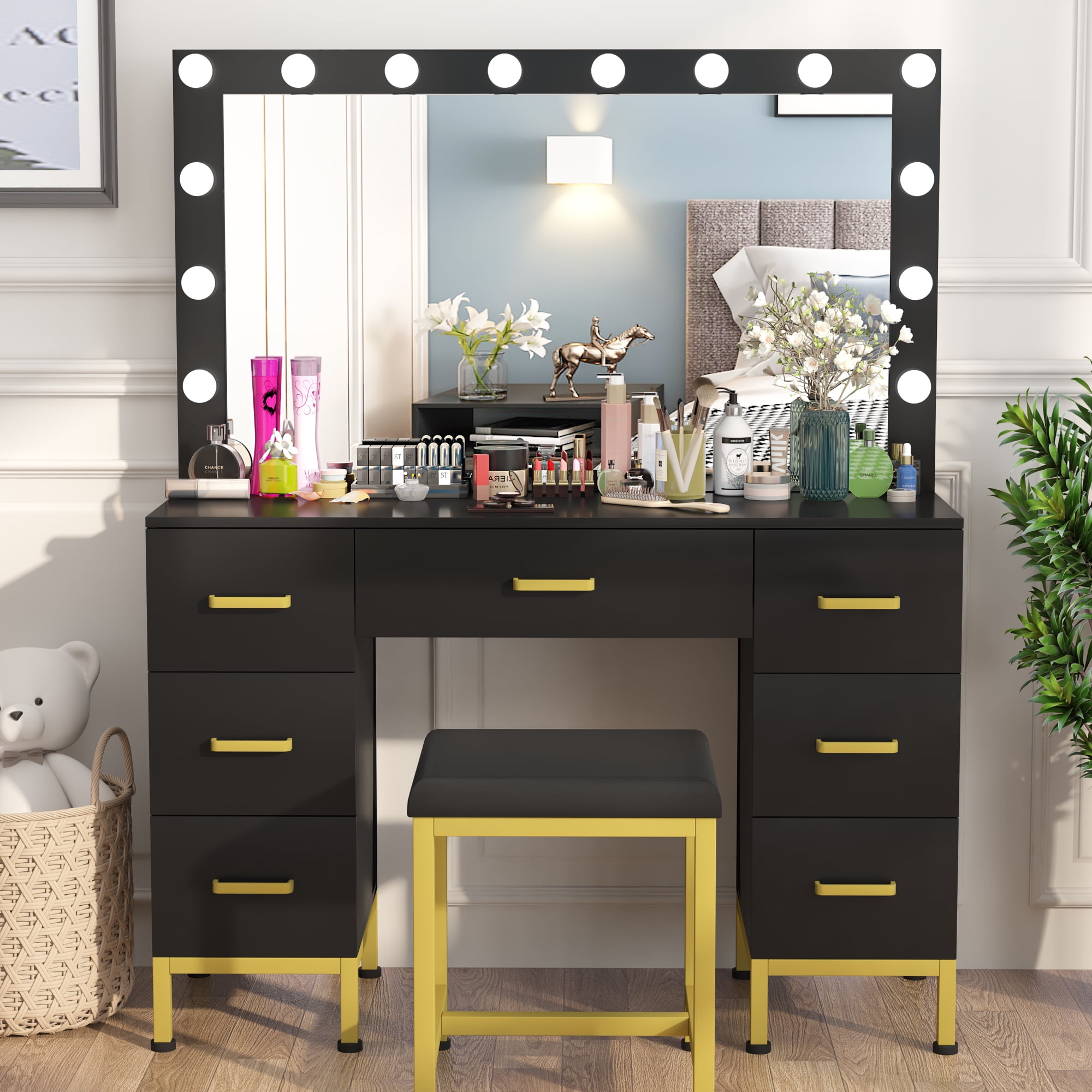 PAKASEPT Vanity Set with Lighted Mirror, 44'' Large Makeup Vanity with ...