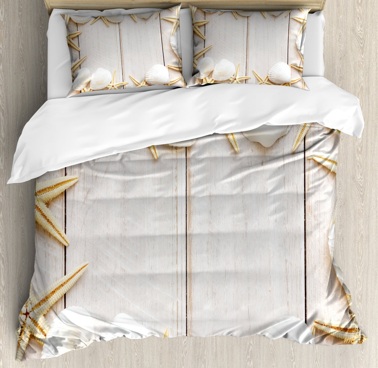 Seashell Duvet Cover Set Queen Size, Shells on Rustic Wooden Background ...