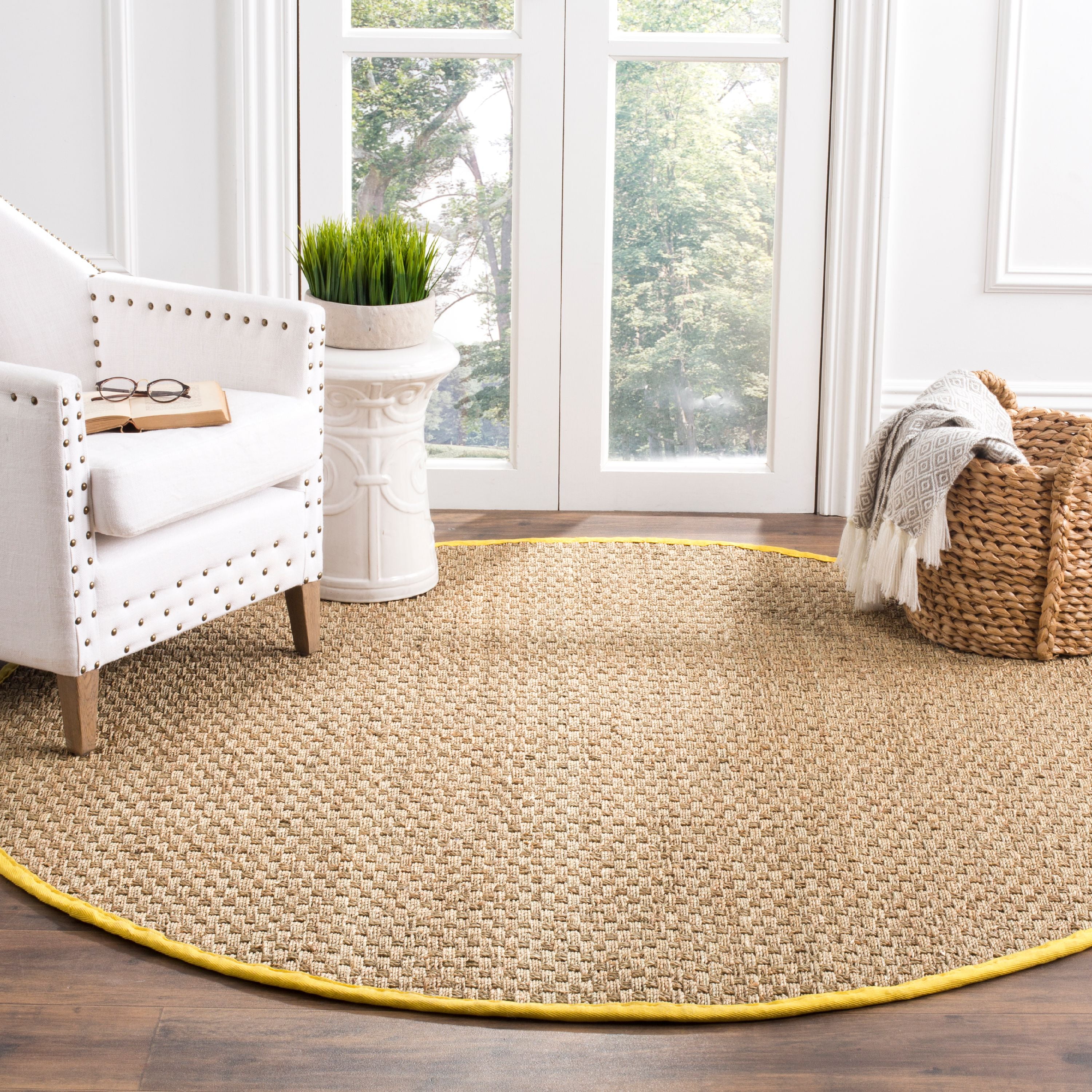 SAFAVIEH Natural Fiber Arbor Border Area Rug, Natural/Gold, 6' x 6 ...