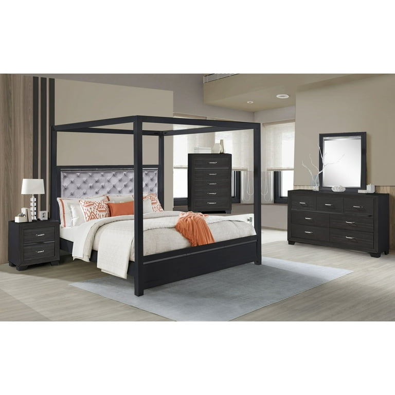 Canopy Glam Bedframe with Tufted Headboard LED Lights Queen