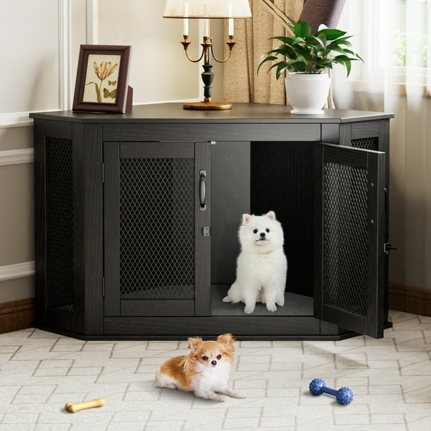 Corner Dog Crate Furniture, 44.7" Wooden Dog Crate Kennel with Cushion ...