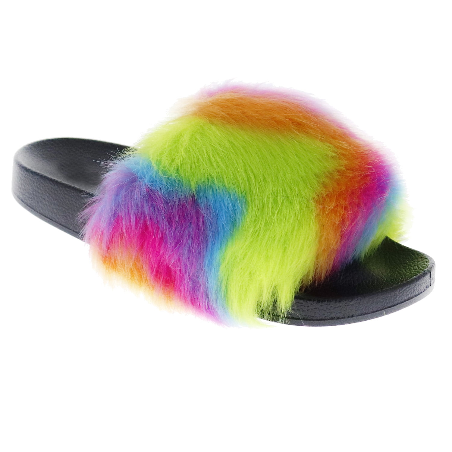 SNJ Women's Color Fluff Furry Ultra Soft Faux Fur Slide Slipper Open ...