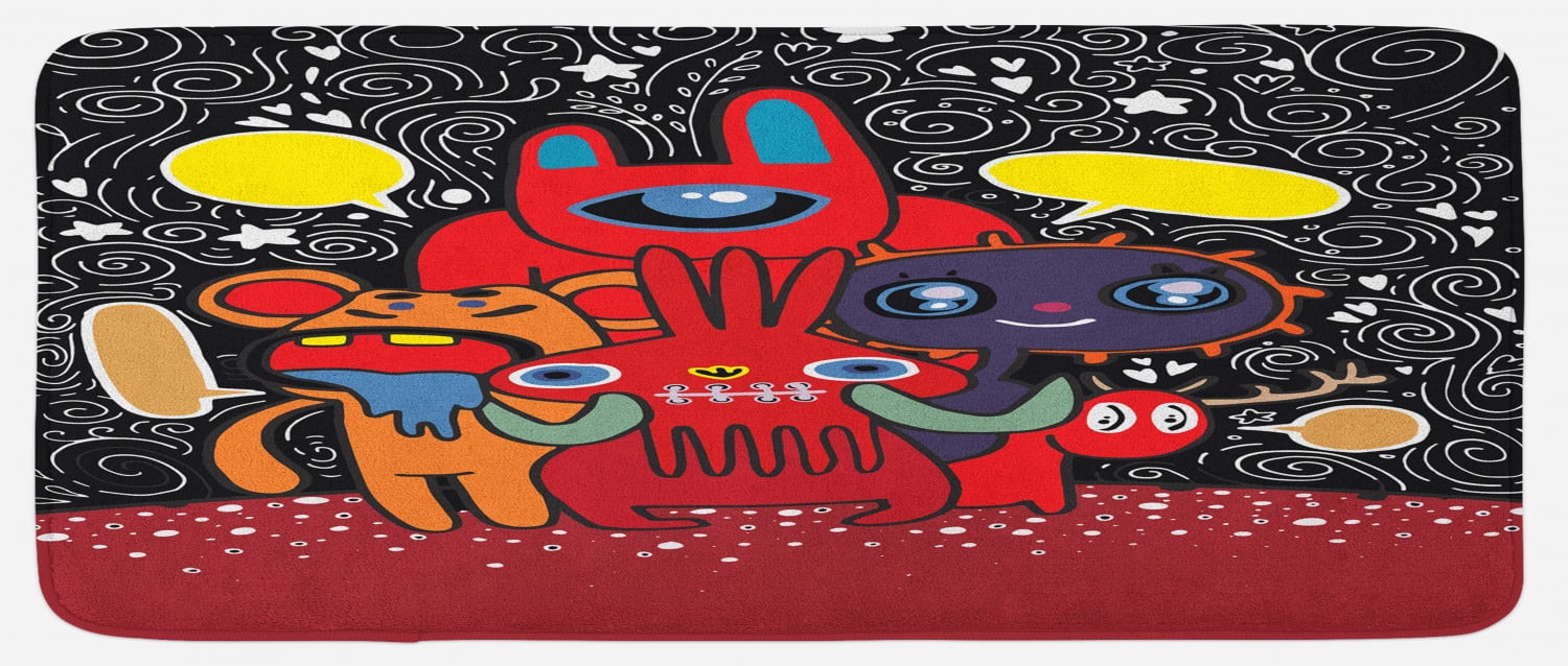Indie Kitchen Mat, Monster City Theme Funny Characters with Speech ...