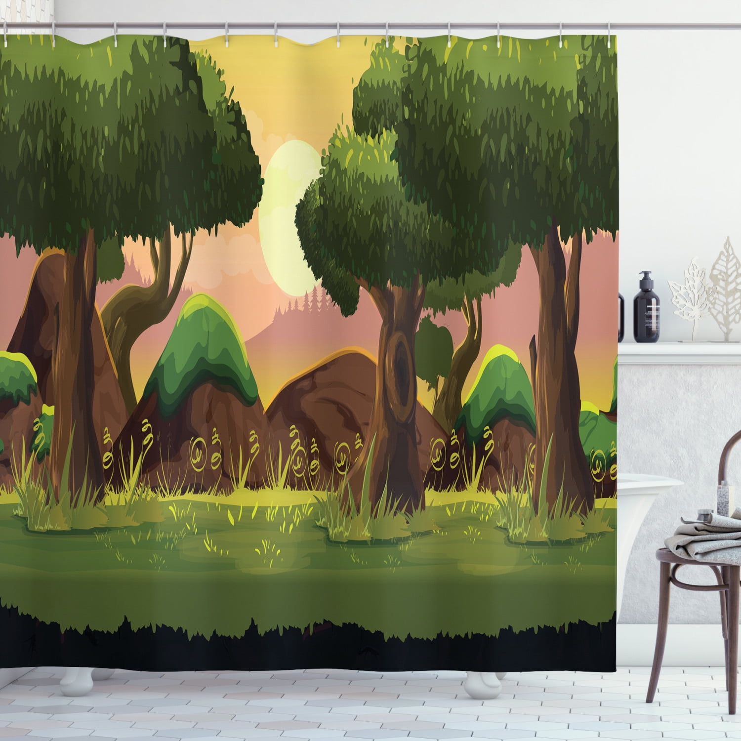 Forest Shower Curtain, Animation Game Scenery Inspired Graphic Woodland ...