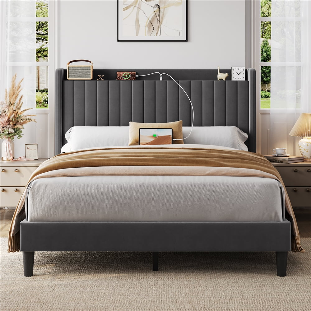Click here for Yaheetech Velvet Upholstered Bed Frame With Chargi... prices