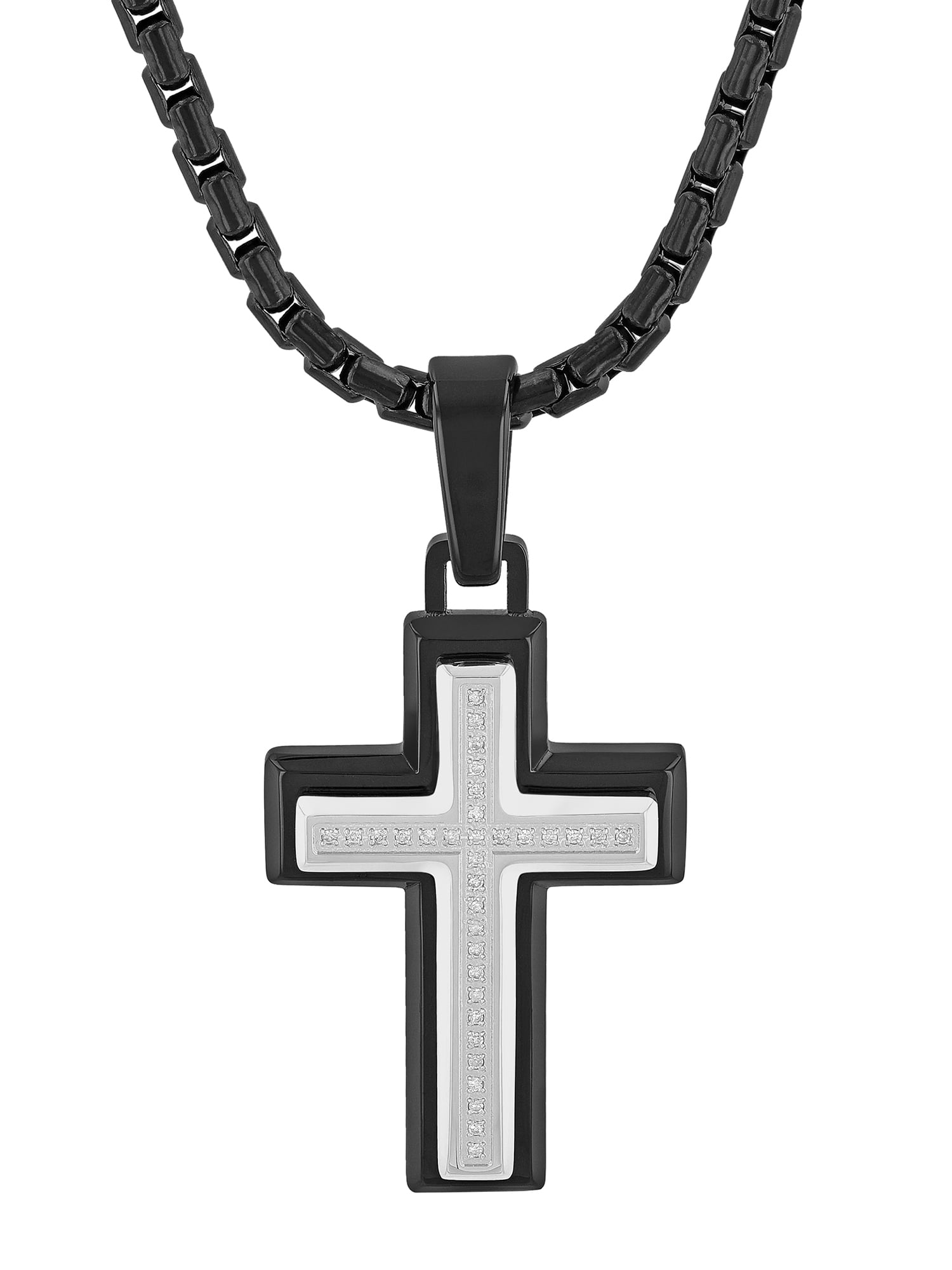 Mens 1/10 ctw Diamond Black Stainless Steel Cross Pendant Necklace ...
