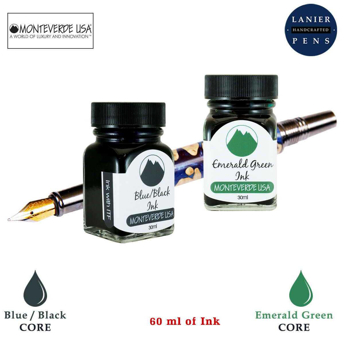 Monteverde 60ml Core Fountain Pen Ink Bottle (30ml Blue/Black Ink ...