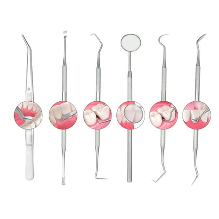 6Pcs Stainless Steel Tool Set Dentist Tooth Hygiene Picks Mirror Kit ...