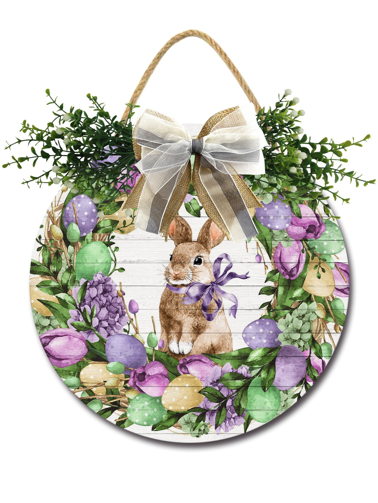 Eveokoki Easter Bunny Sign Front Door Porch Decorations, Round Rustic ...