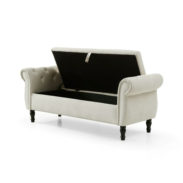 Modern Velvet End Of Bed Storage Bench With Rolled Arms Flip Top
