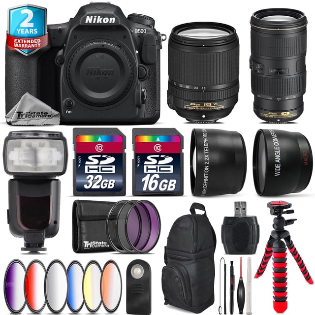 Nikon D500 DSLR Camera + AFS 18-140mm VR + 70-200mm 4G VR + Pro Flash ...