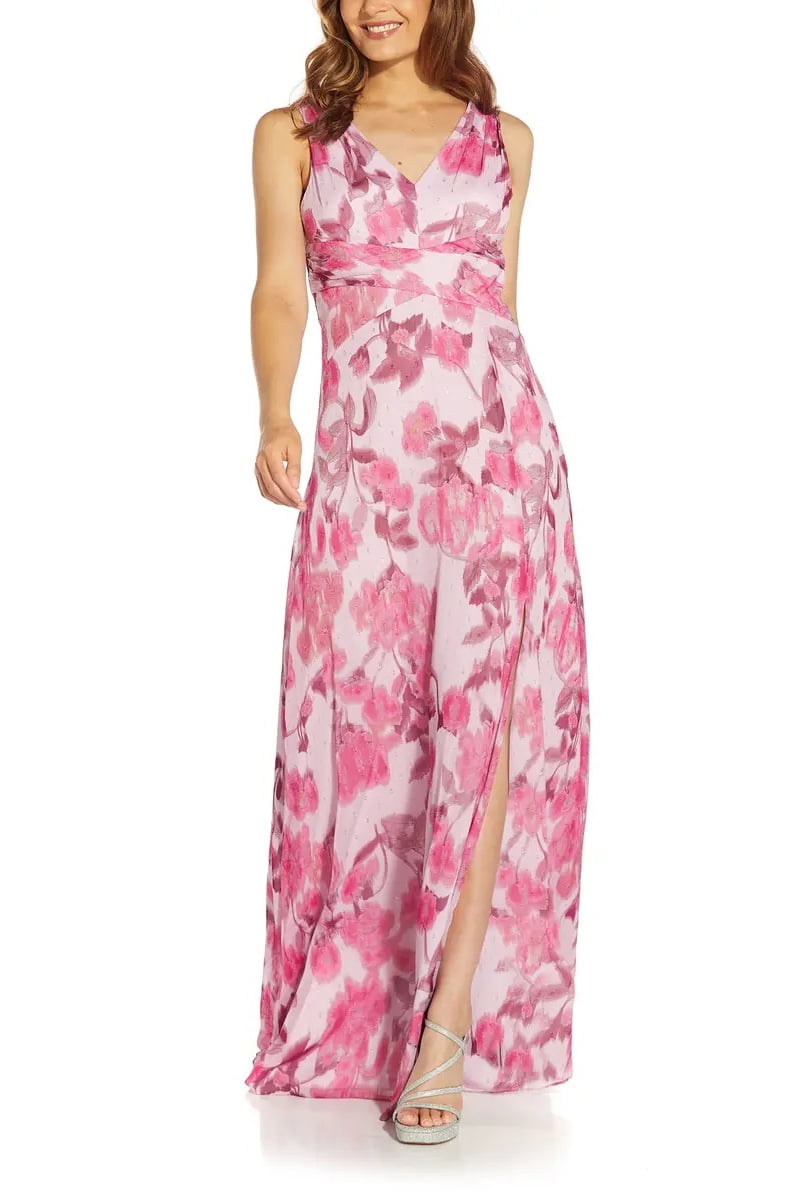 Adrianna Papell V Neck Back Zipper Sleeveless Side Slit Long Chiffon ...