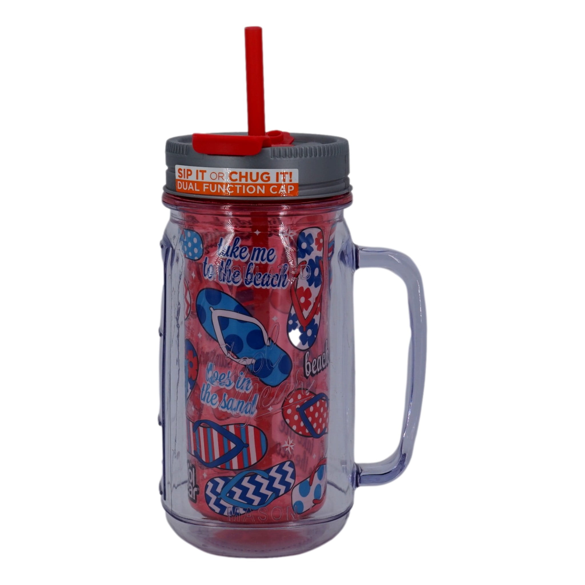 Insulated Mason Jar Tumbler Mug Beach Day 16 oz, 7 in tall with Dual Function Cap and Straw ...