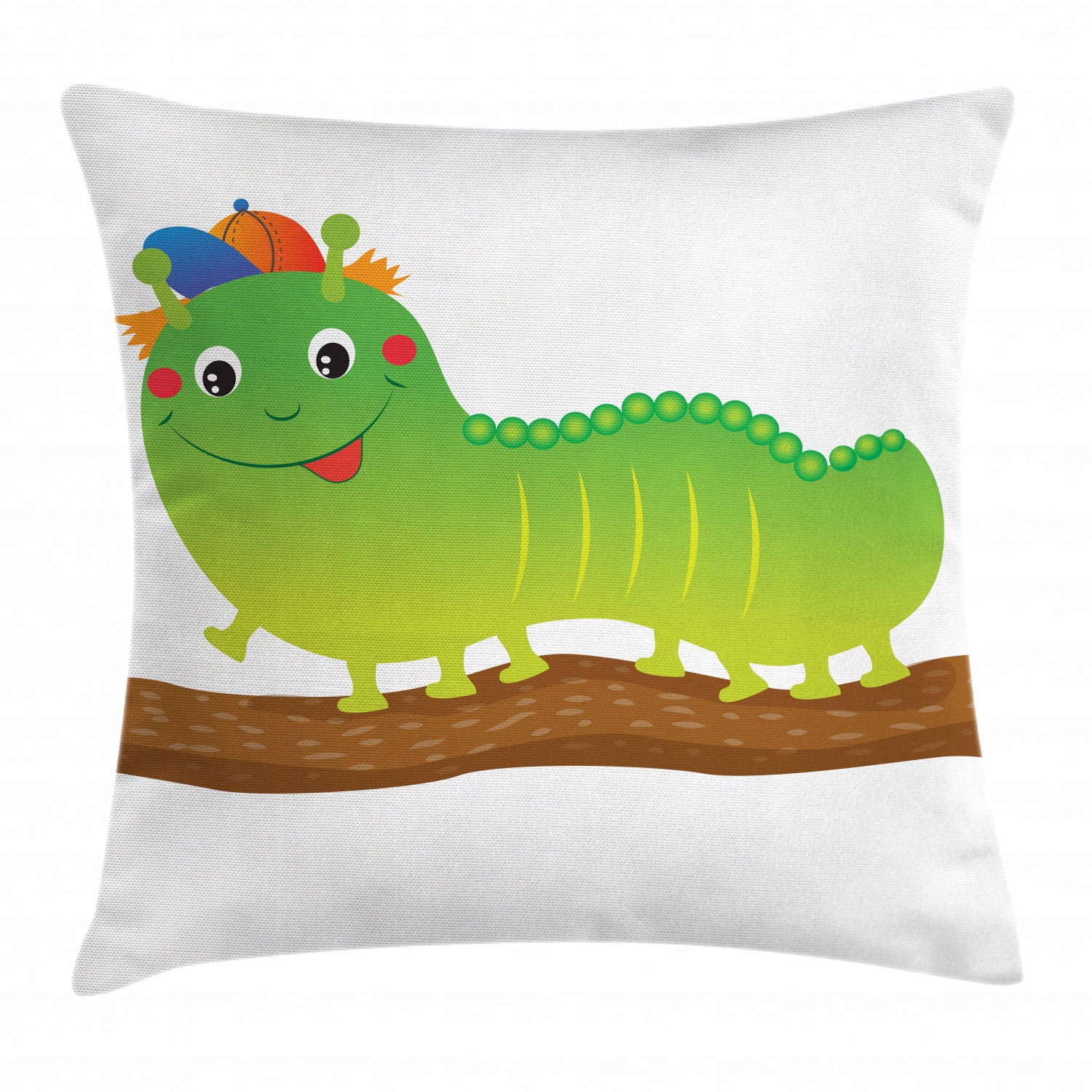 Caterpillar Throw Pillow Cushion Cover, Green Bug with a Cap Walking on ...