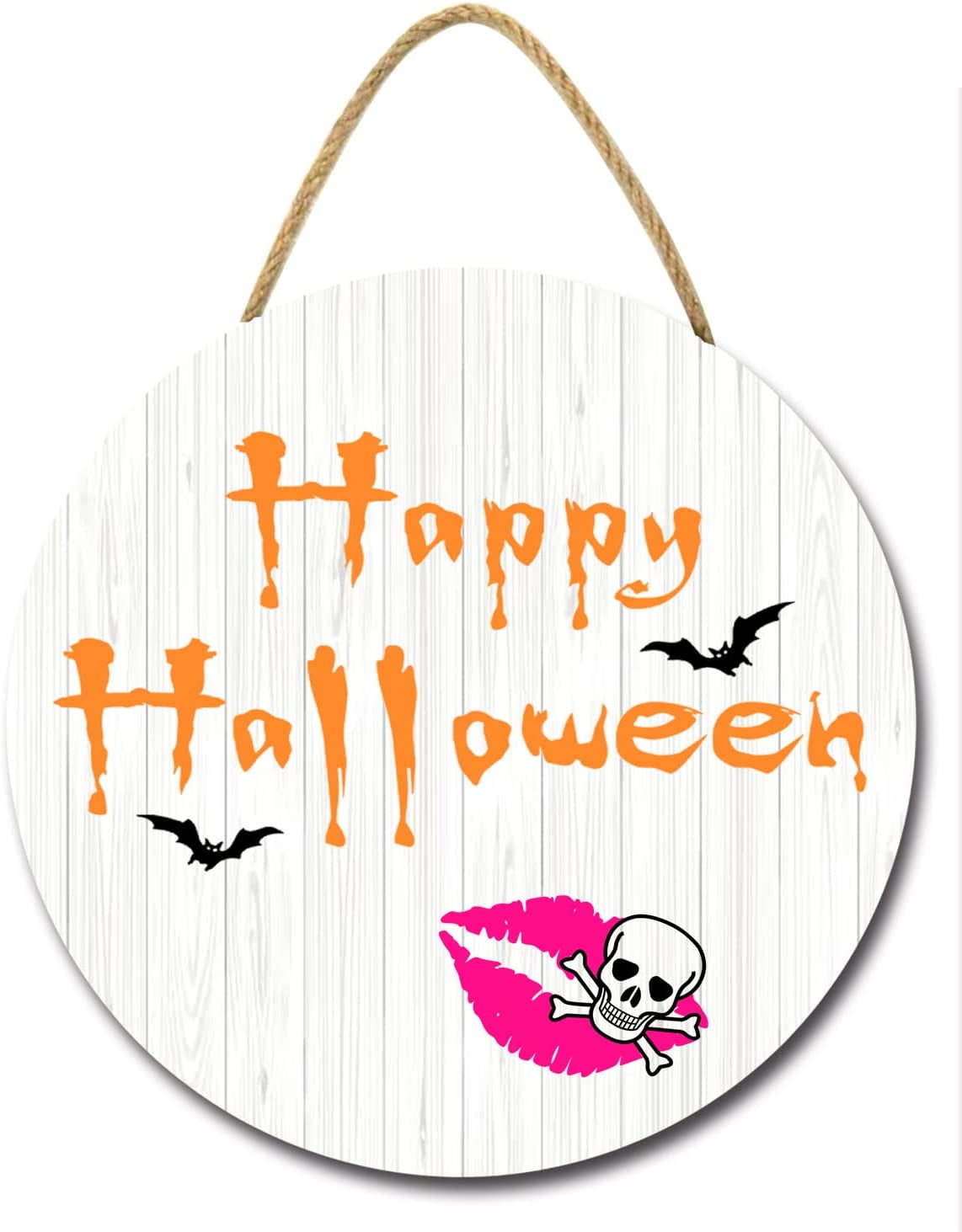Eveokoki 11" Happy Halloween Skull Sign for Front Door ，Round Wooden ...