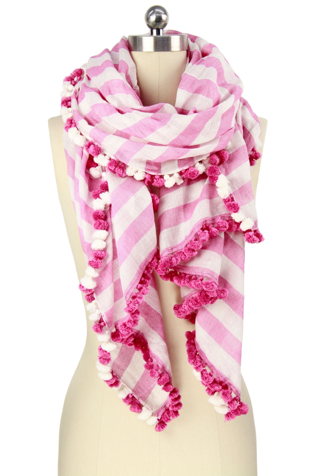 Veroma Pink and White Striped Scarf with Pom Fringe, 100% Cotton Scarf ...
