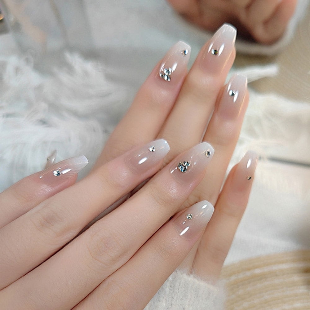 Press-On Manicure Nail Tips Glitter Nail Sticker Gradient Light Pink ...