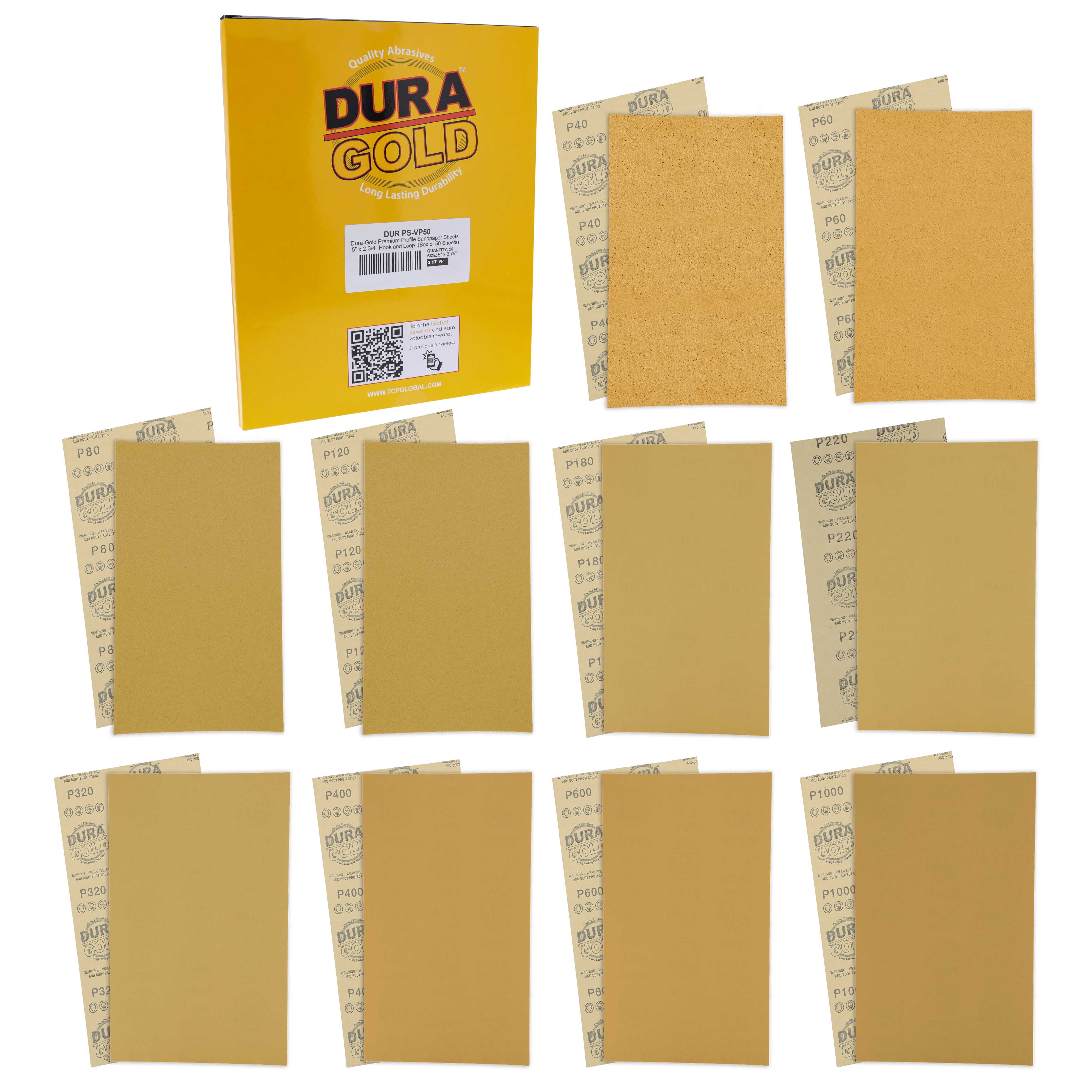 Dura-Gold Premium 40, 60, 80, 120, 180, 220, 320, 400, 600, 1000 Grit 5\" x 2.75\" Size Gold ...