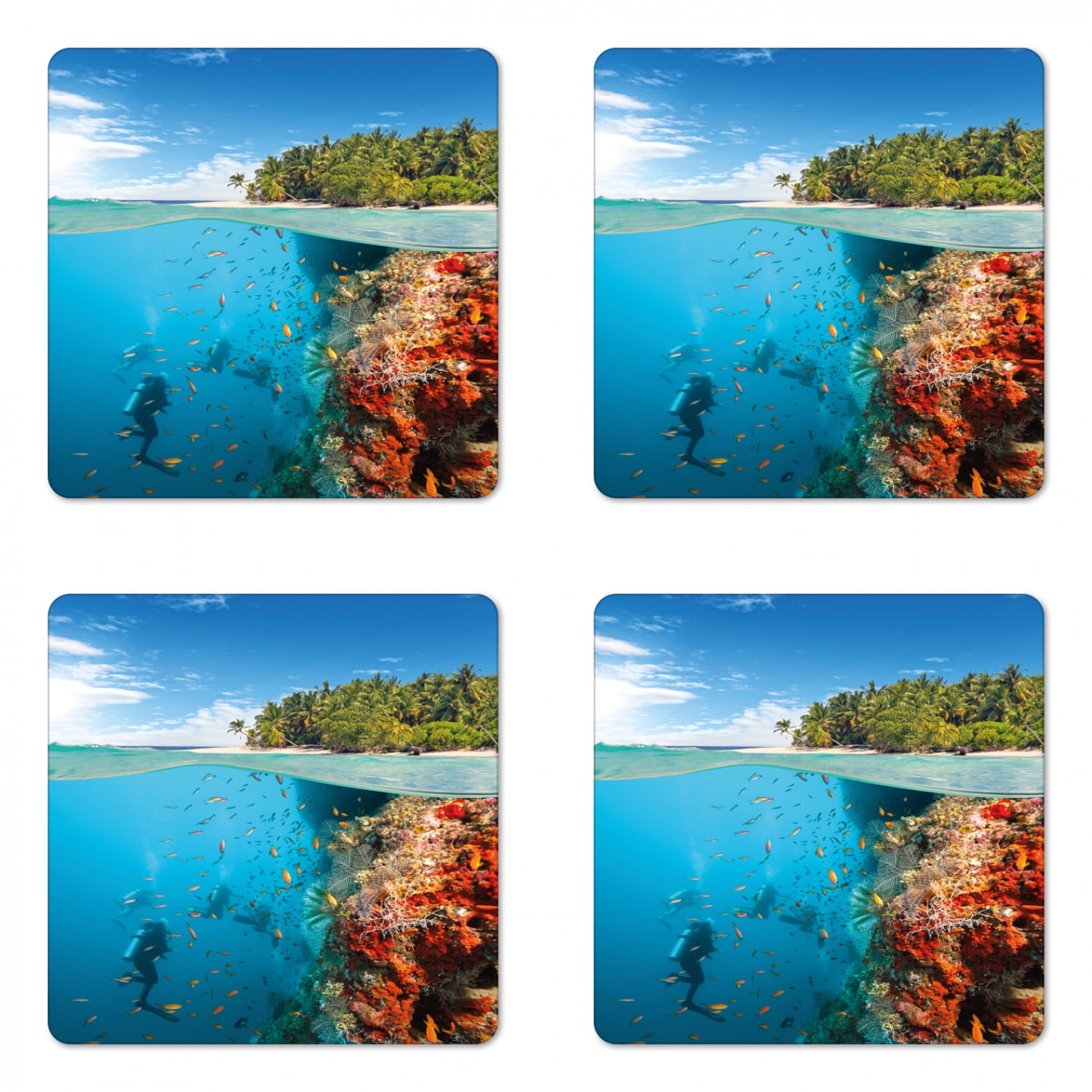 Colorful Coaster Set of 4, Exotic Tropical Theme Image of Scuba Divers ...
