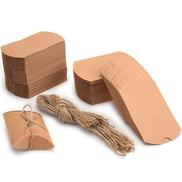 50 Kraft Paper Pillow Candy Box, Foldable Gift Box with Jute Rope for ...