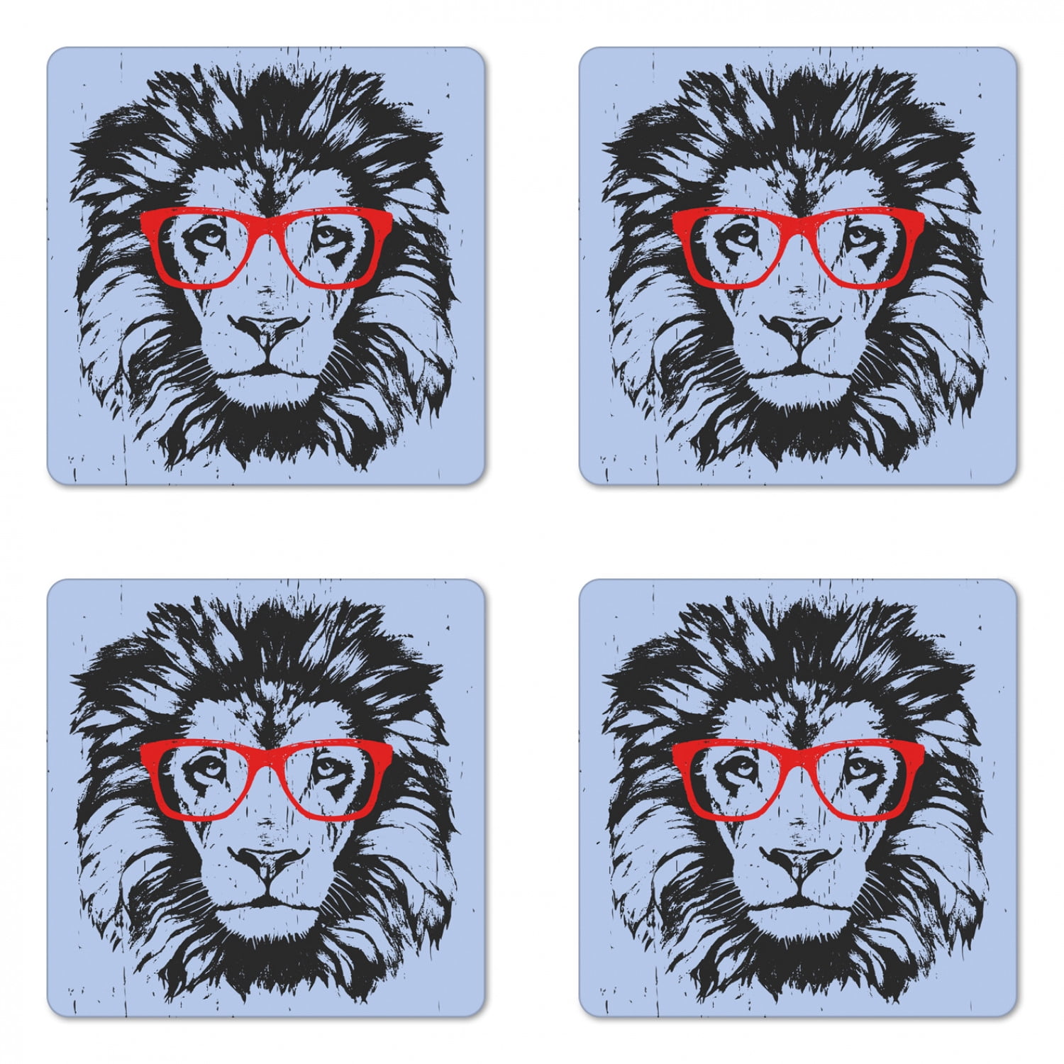 Animal Coaster Set of 4, Grunge Lion Portrait with Hipster Glasses Nerd ...