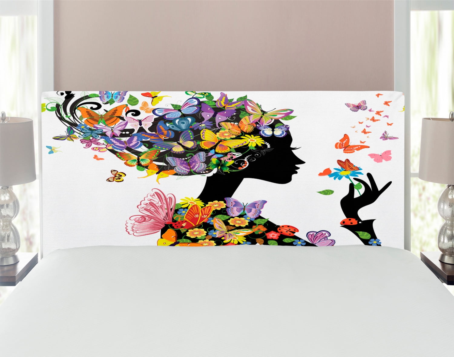 Butterflies Headboard, Girl Fashion Flowers Ornamental Floral Foliage ...