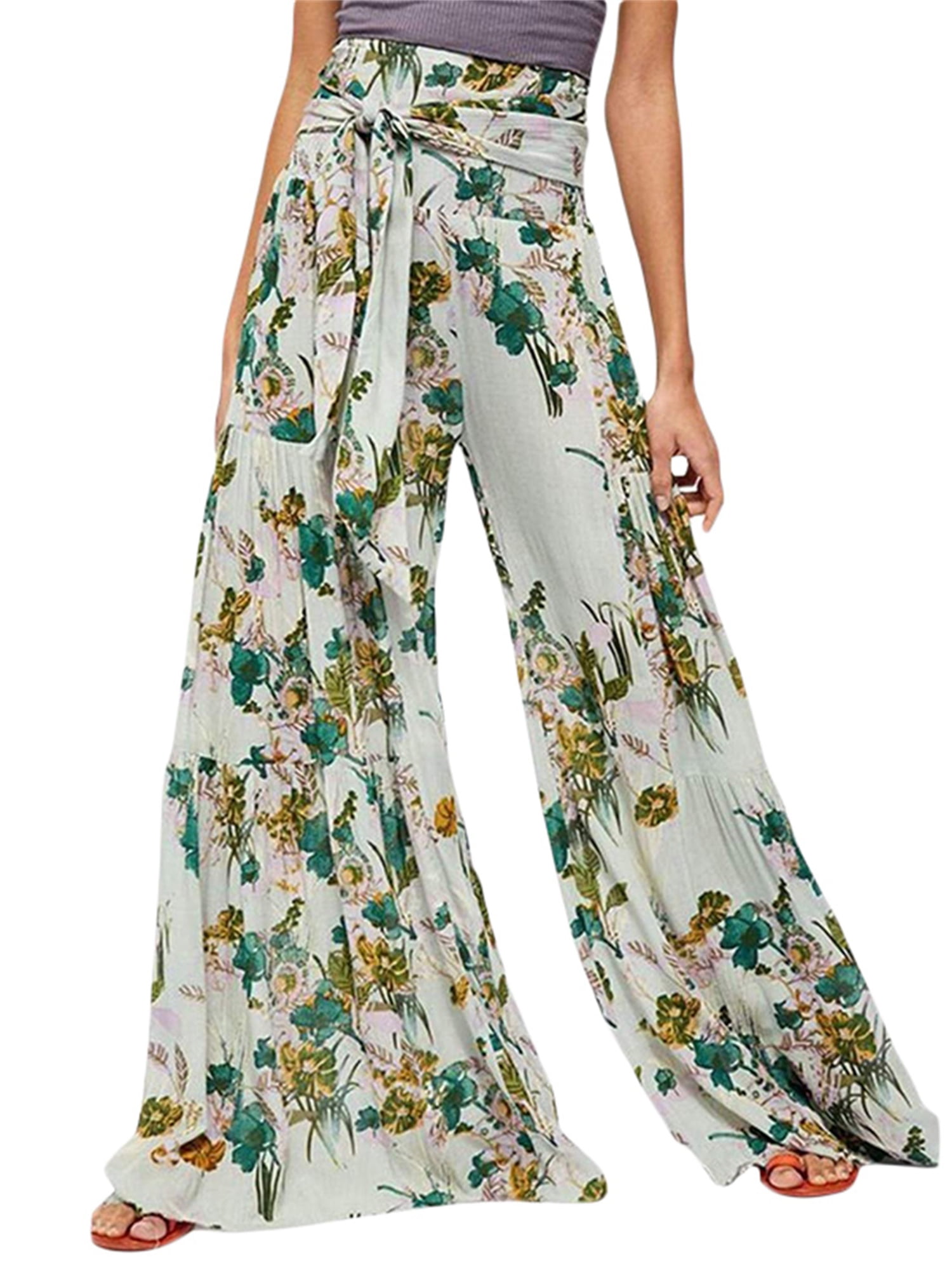 Gzhioc Women Floral Printed Pants, High Waist Casual Loose Flared Wide ...