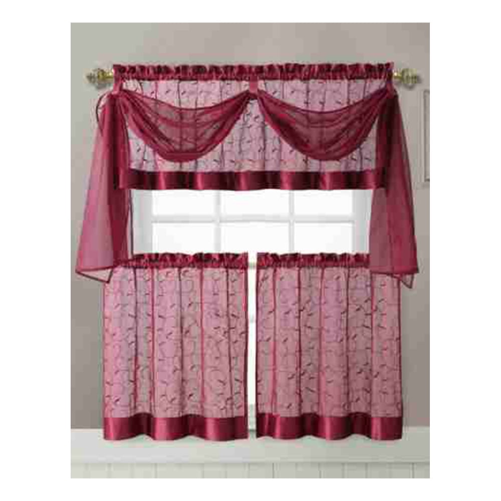 Burgundy Embroidered Kitchen Window Curtain Set- 1 Valance with Voile ...