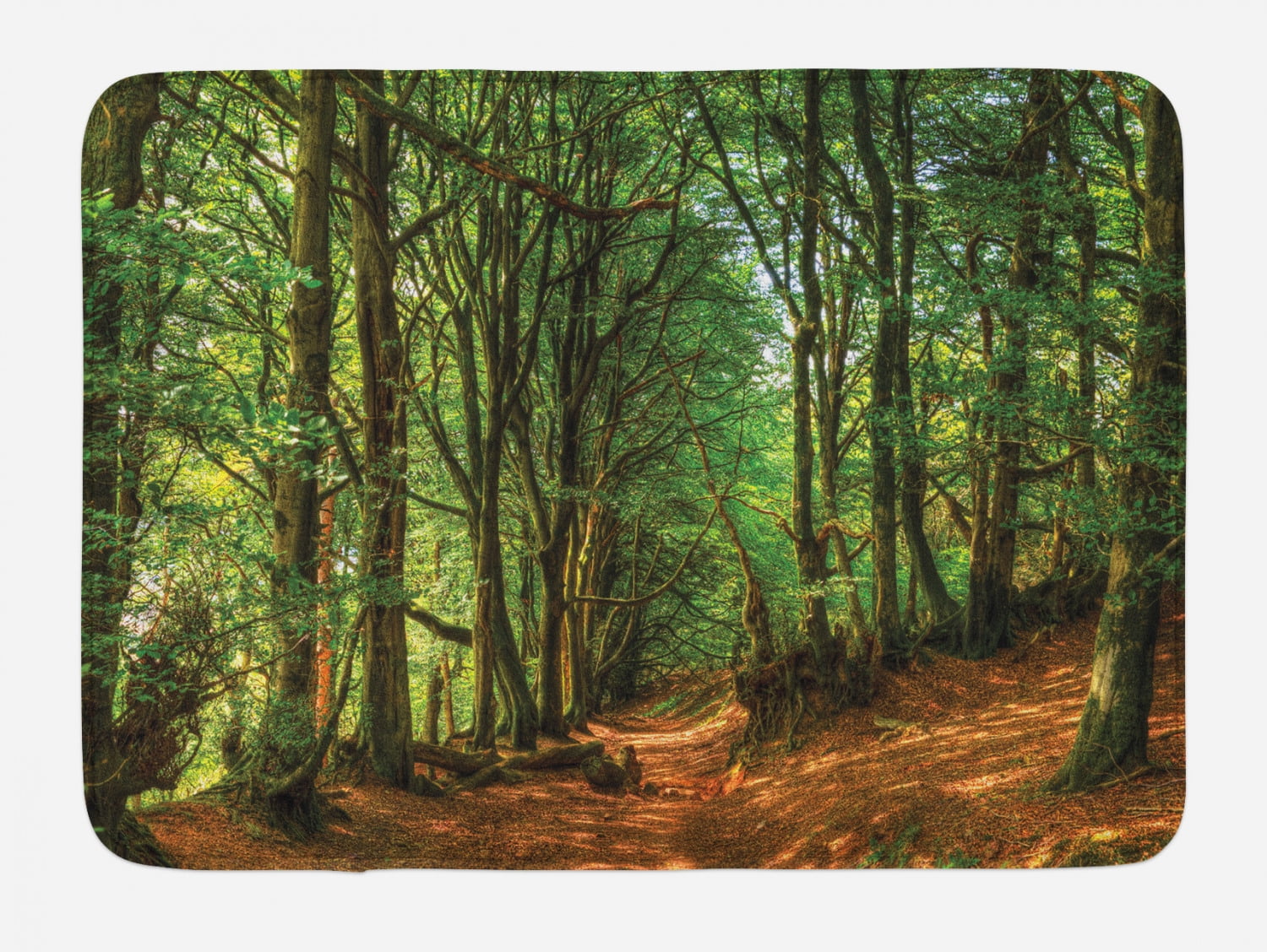 Woodland Bath Mat, Woodland Scene with Trees and Pathway Foliage Trunk ...