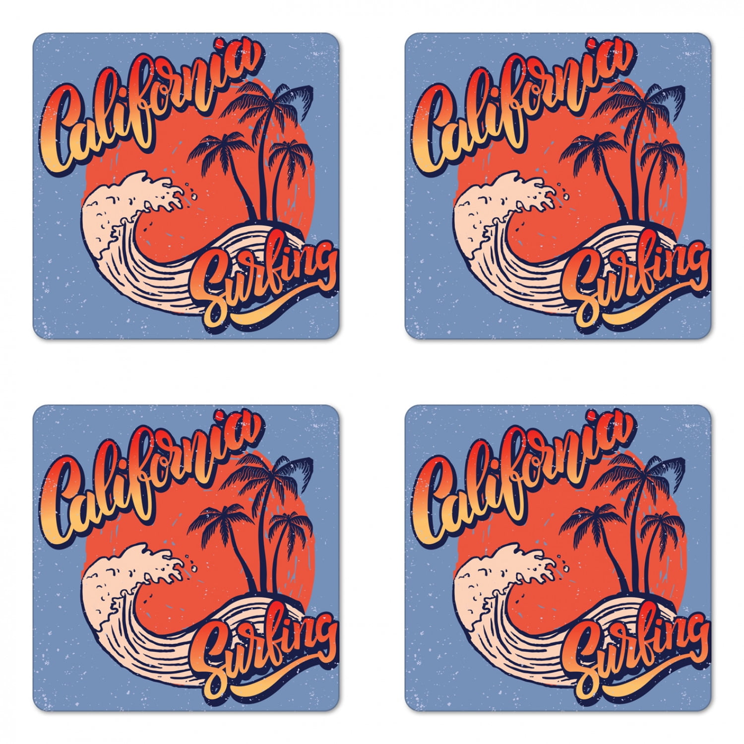 Graphic Beach Coaster Set of 4, Grunge California Surfing with Waves ...