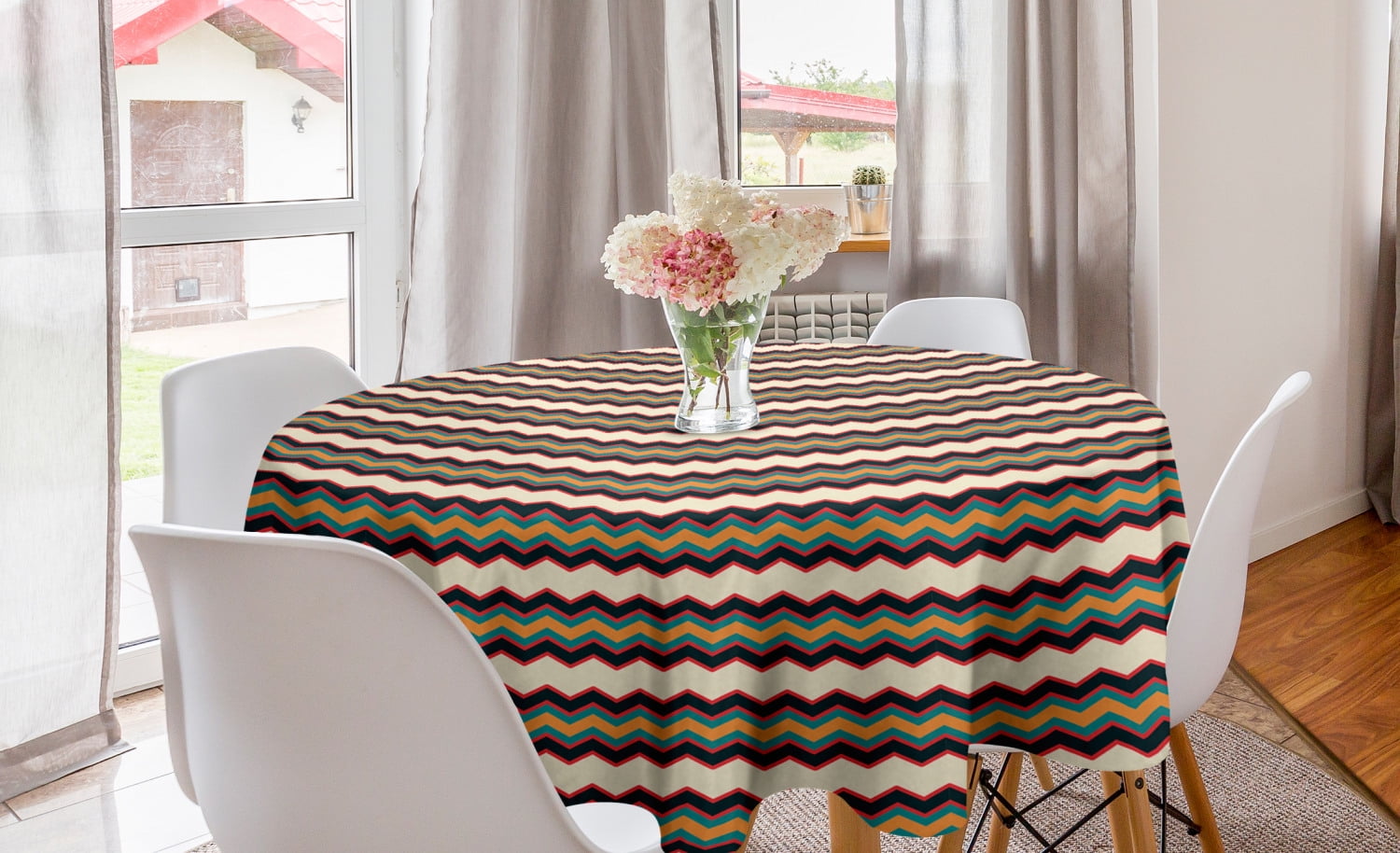 Chevron Round Tablecloth, Retro Style Horizontal Borders with Different ...
