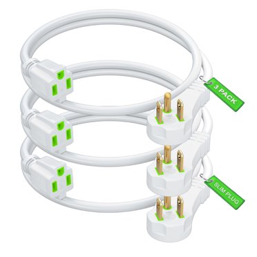 Extension Cord 3 ft White 3-Outlet Flat Plug 16 Gauge Wire White Power ...